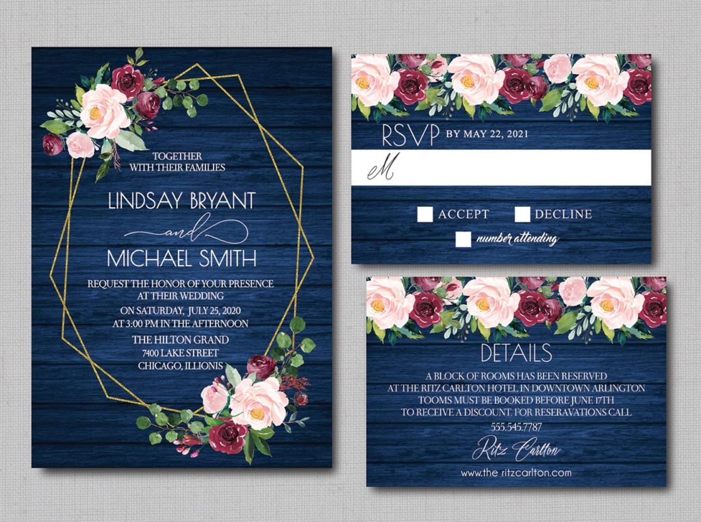 Navy Blue Watercolor Burgundy Floral Geometric Wedding Invitation ...