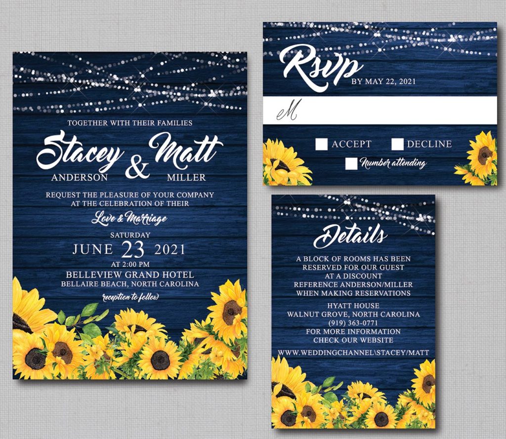 Sunflower Floral Navy Wood Wedding Invitation - Affordable Wedding ...