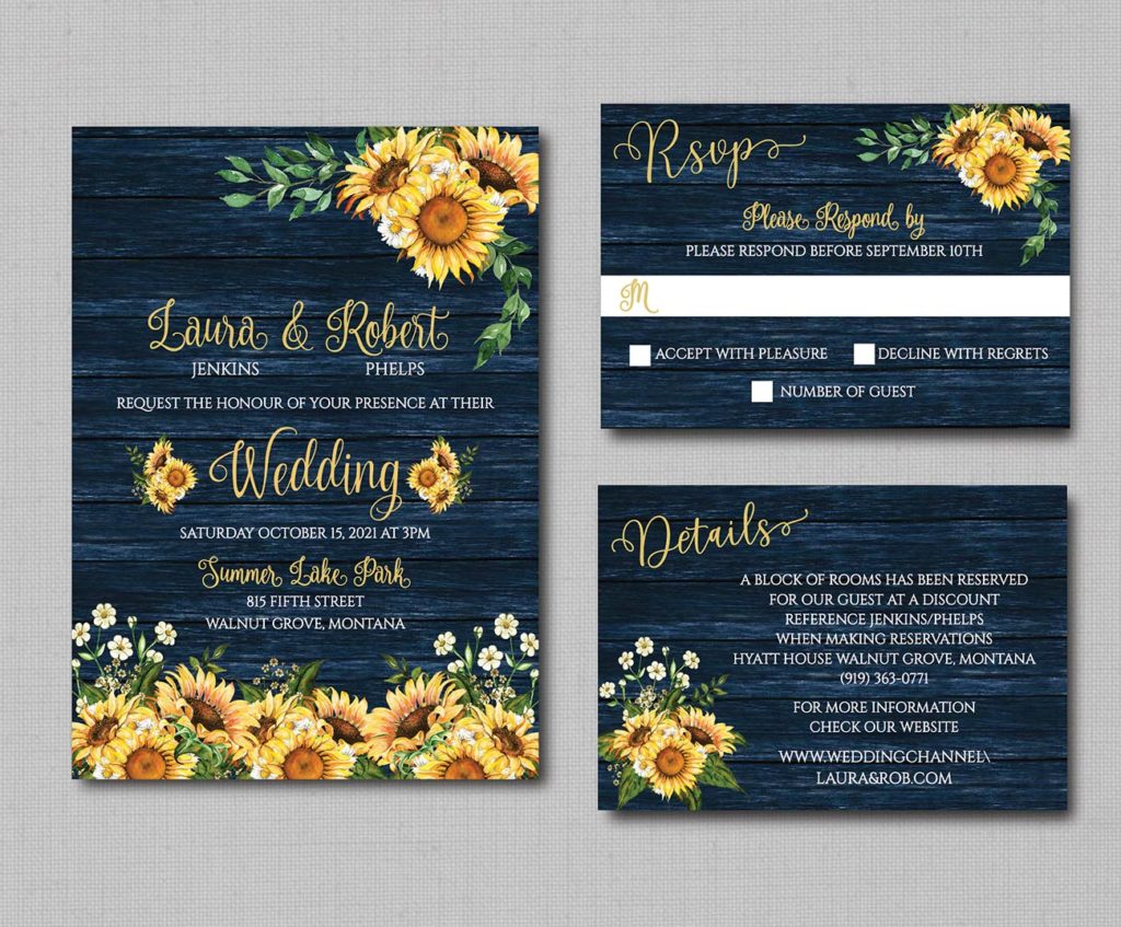 Sunflower Floral Navy Wood Wedding Invitation - Affordable Wedding ...