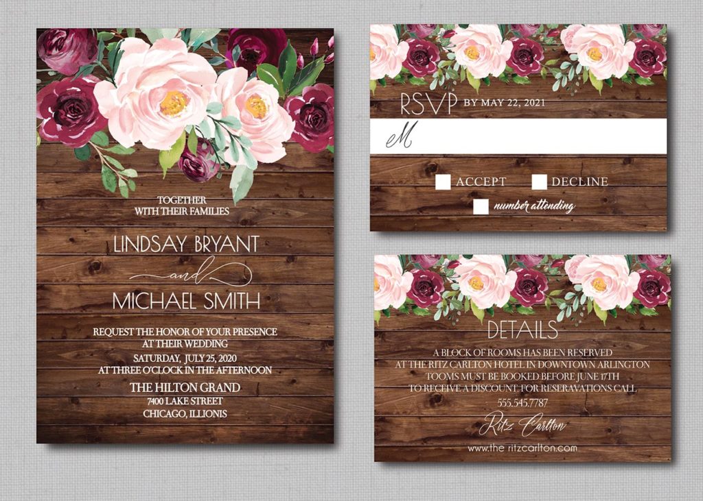 Rustic Burgundy Wood Sunflower Rose Wedding Invitation - Affordable ...